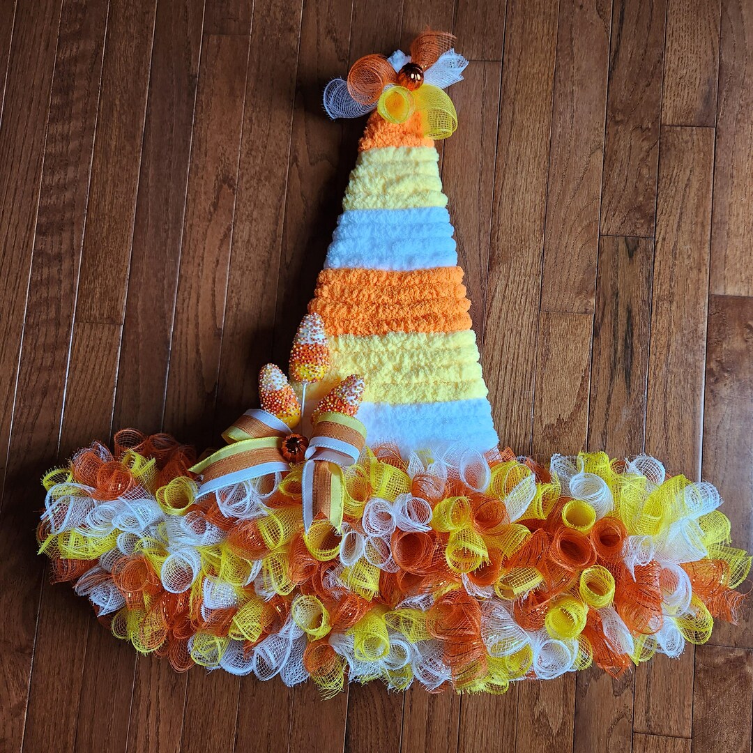 Large Halloween Candy Corn Witch Hat Wreath Made With Bulky Orange ...