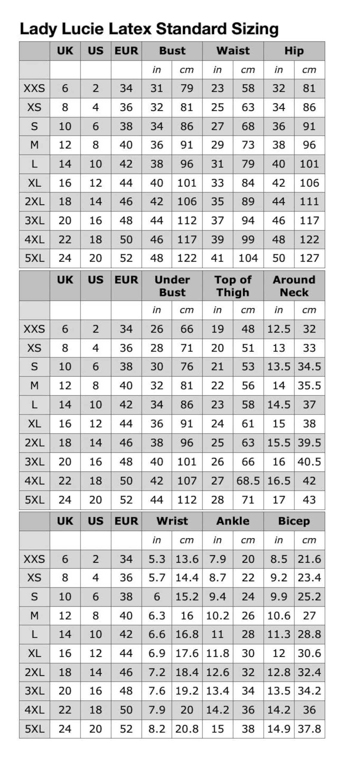 Lady Lucie Latex Measurement Chart - Etsy