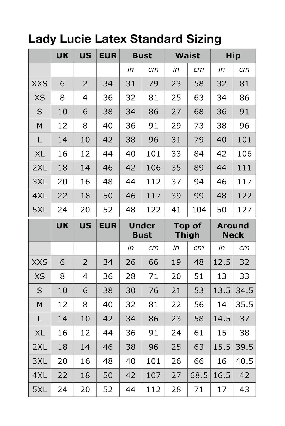Lady Lucie Latex Measurement Chart - Etsy