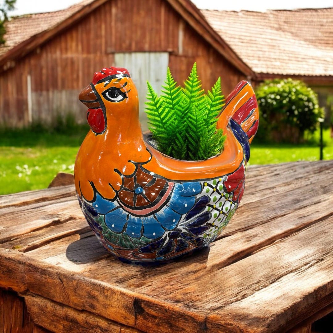 Hand Painted Chicken Hen Planter Pot - Authentic Ceramic Hand Crafted ...