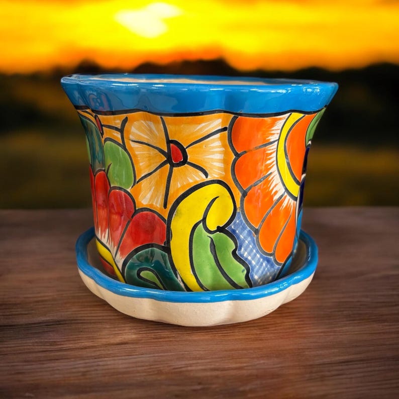 Wavy Hand Painted Colorful Planter Pot With Saucer Plate, Authentic ...