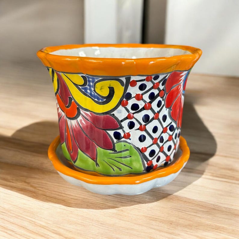 Wavy Hand Painted Colorful Planter Pot With Saucer Plate, Authentic ...