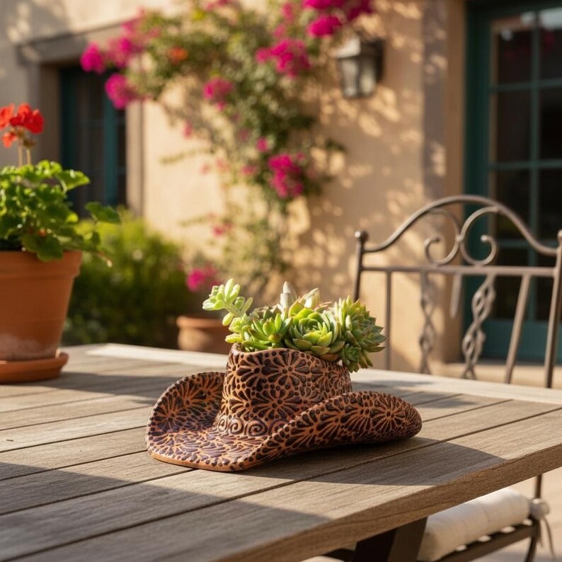 Handpainted Talavera Rustic Cowboy Hat Planter Pot, Brown & Dark ...