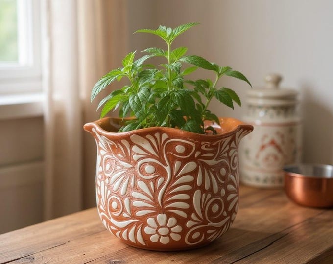 Hand Painted Mexican Talavera Scalloped Rim Planter Pot, Tabletop ...