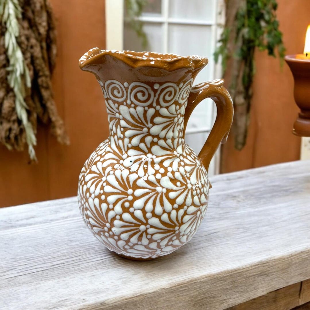 Hand Painted Mexican Talavera Brown and White Scalloped Pitcher - Etsy