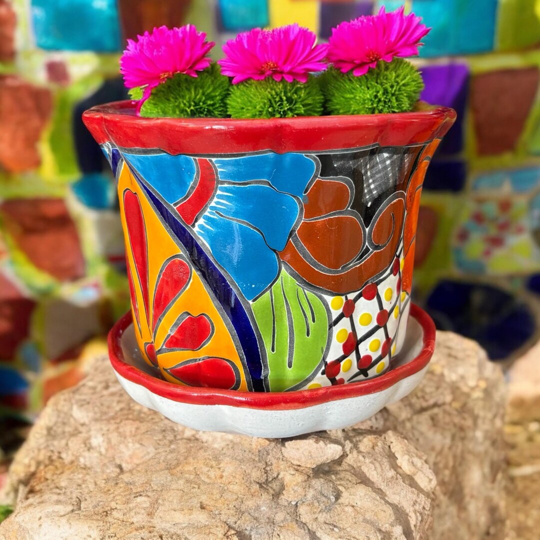 Wavy Hand Painted Colorful Planter Pot With Saucer Plate, Authentic ...