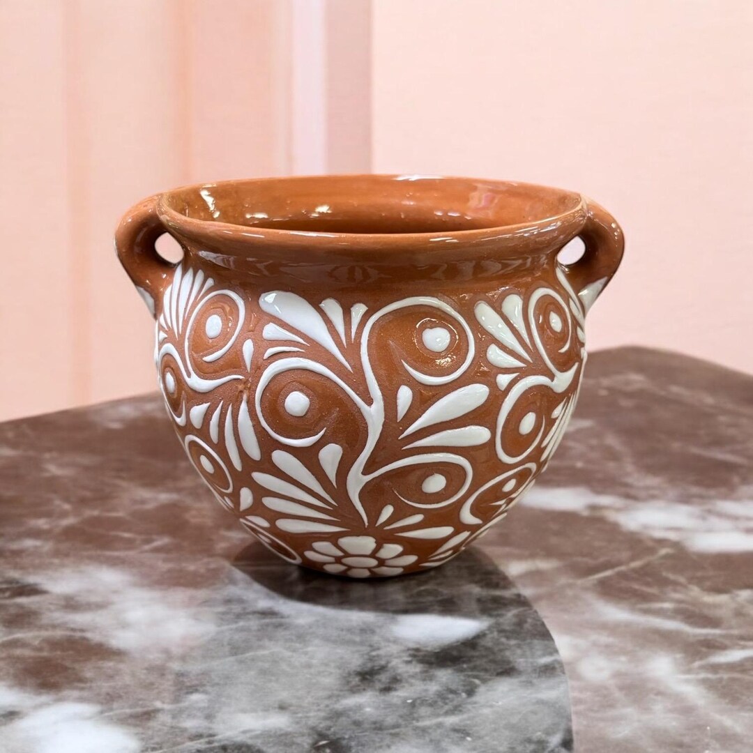 Hand Painted Talavera Brown and White Pot With Handles — Tabletop ...