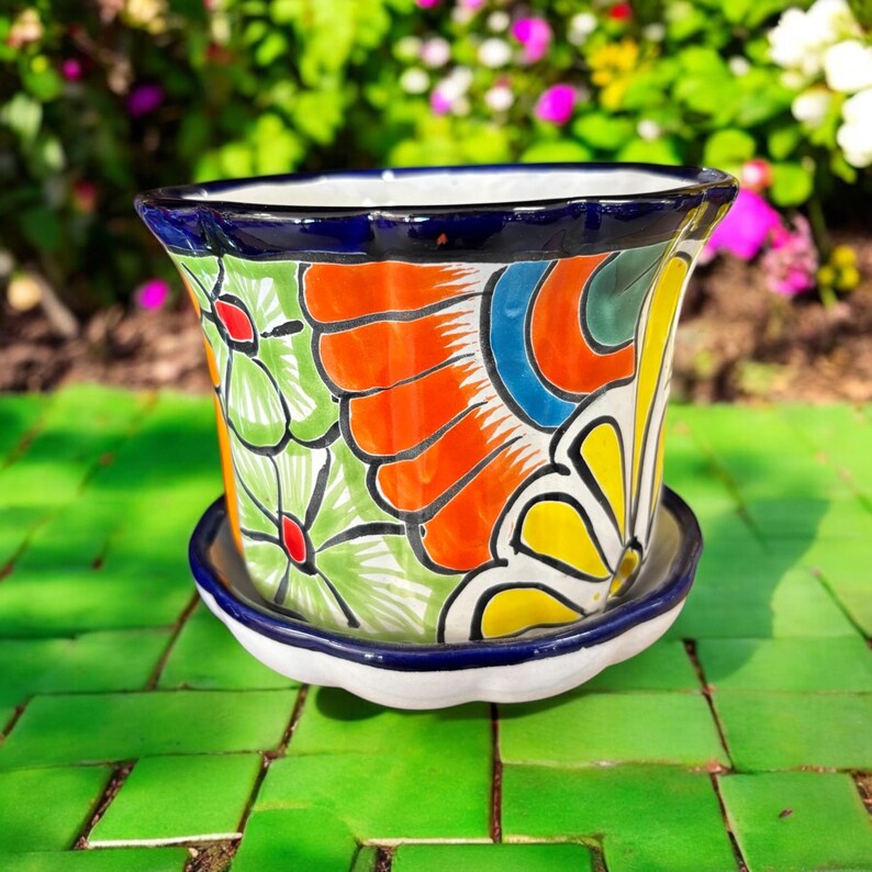 Wavy Hand Painted Colorful Planter Pot With Saucer Plate, Authentic ...
