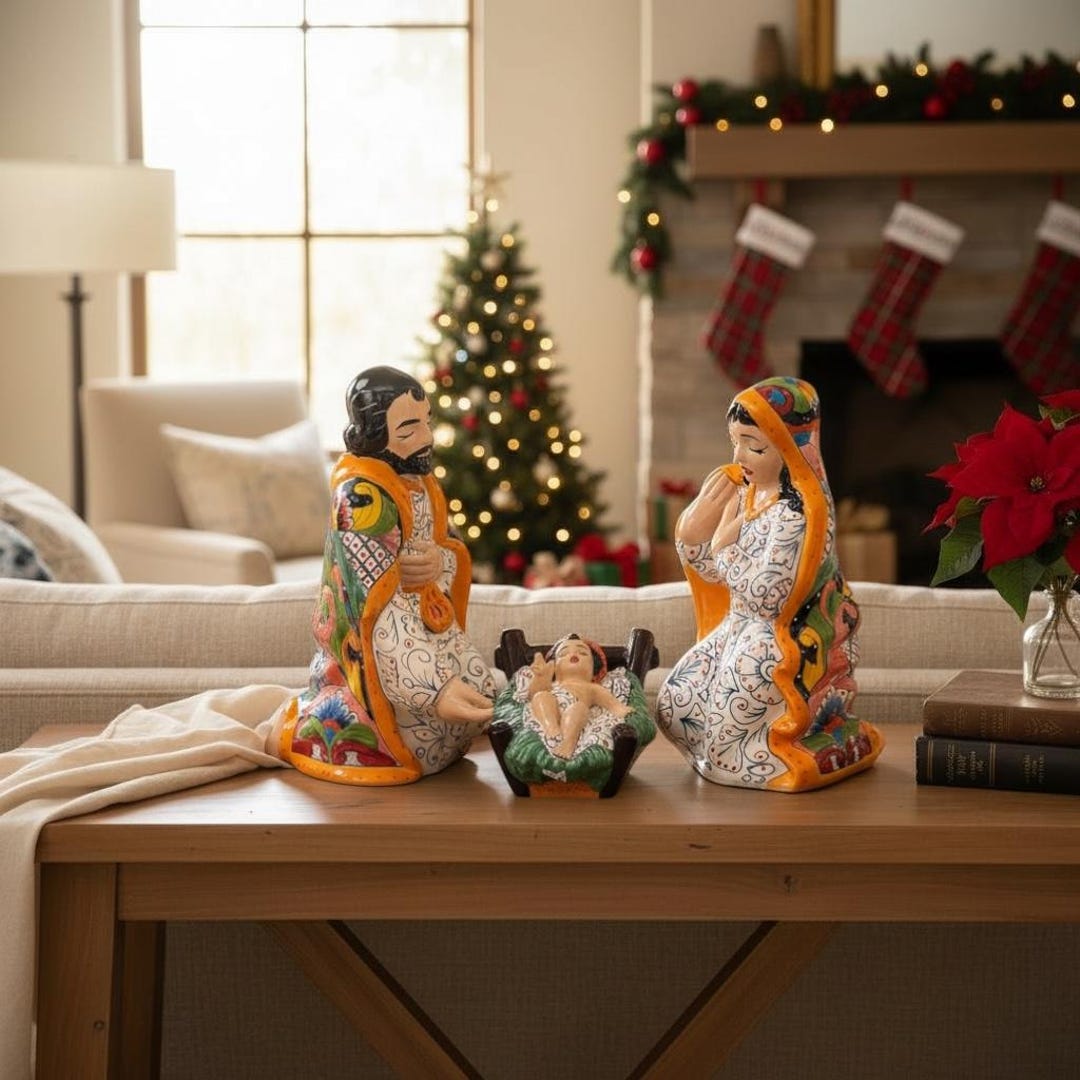 Hand Painted Vibrant Talavera 3-piece Nativity Set, Orange & White ...