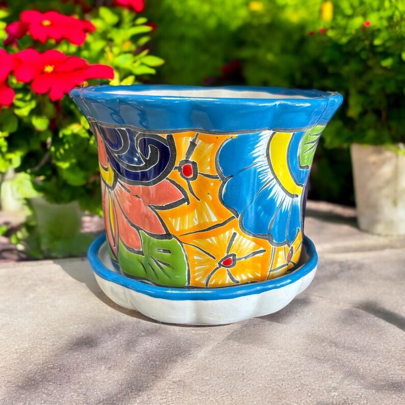 Wavy Hand Painted Colorful Planter Pot With Saucer Plate, Authentic ...