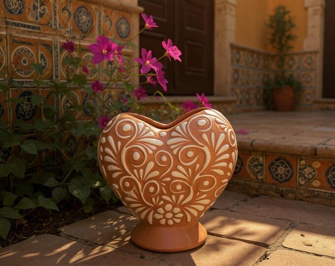 Hand Painted Mexican Talavera Light Brown and White Floral Heart Vase ...