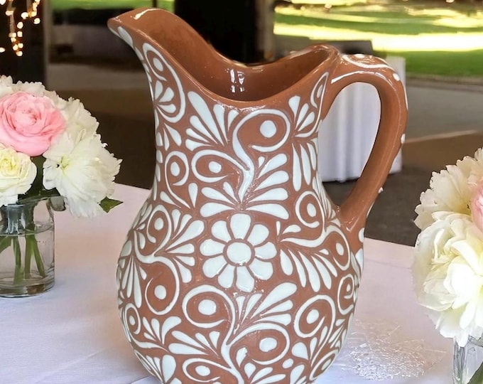 Hand Painted Mexican Talavera Floral Vines Brown and White Pitcher - Etsy