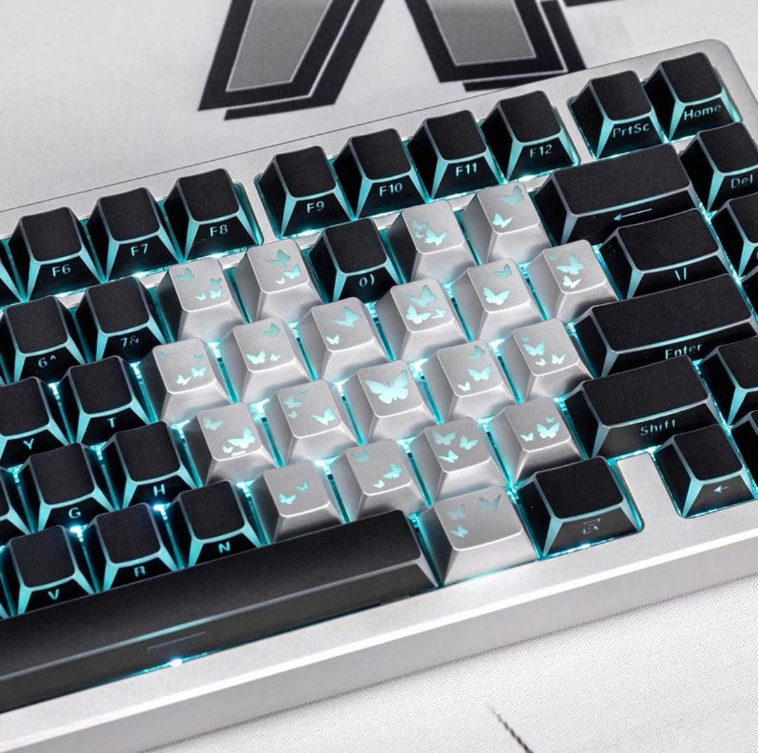 Butterfly Mosaic Aesthetic Keycaps Side-lit Black & Silver PBT Set ...