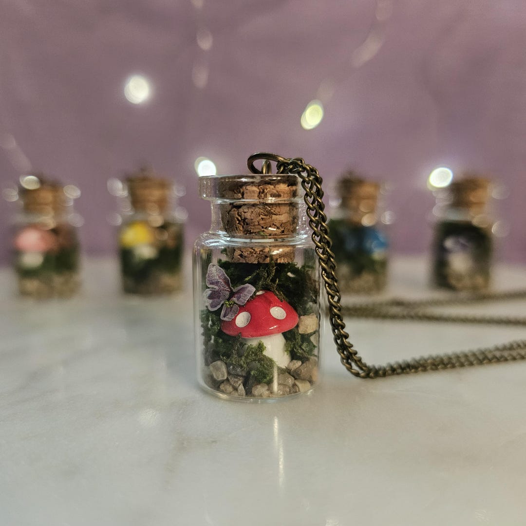 Mushroom Terrarium Cottagecore Bottle Necklace - Pink/red/yellow/blue ...