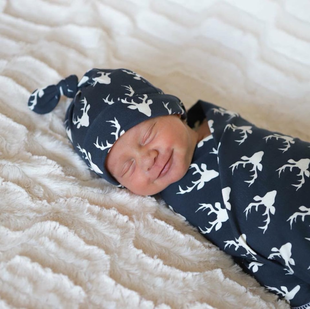 Swaddle Set Baby Boy Blanket and Top Knot Hat - Stretchy Jersey Knit ...