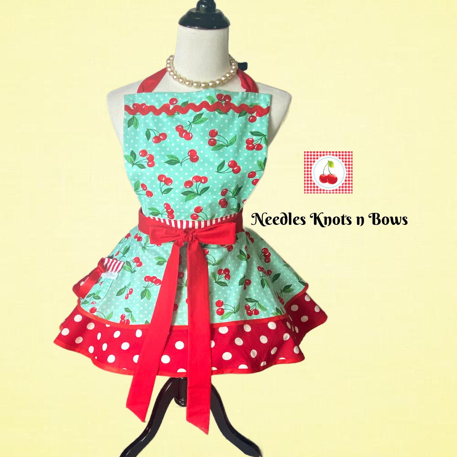 Women’s Retro Cherry Print Apron With Pocket, Sweetheart Apron, READY ...