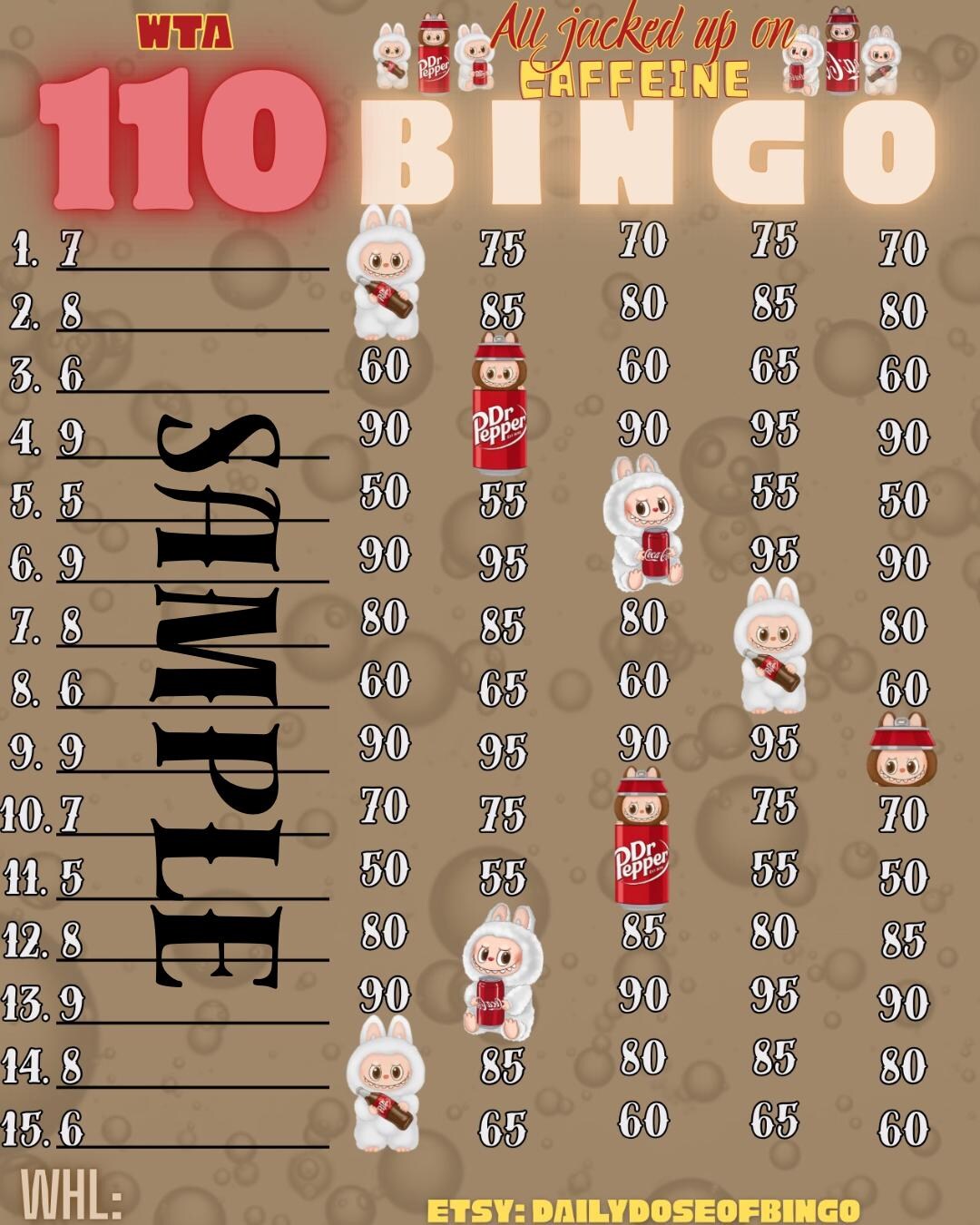 110 WTA All Jacked up on Caffeine Bingo Board - Etsy