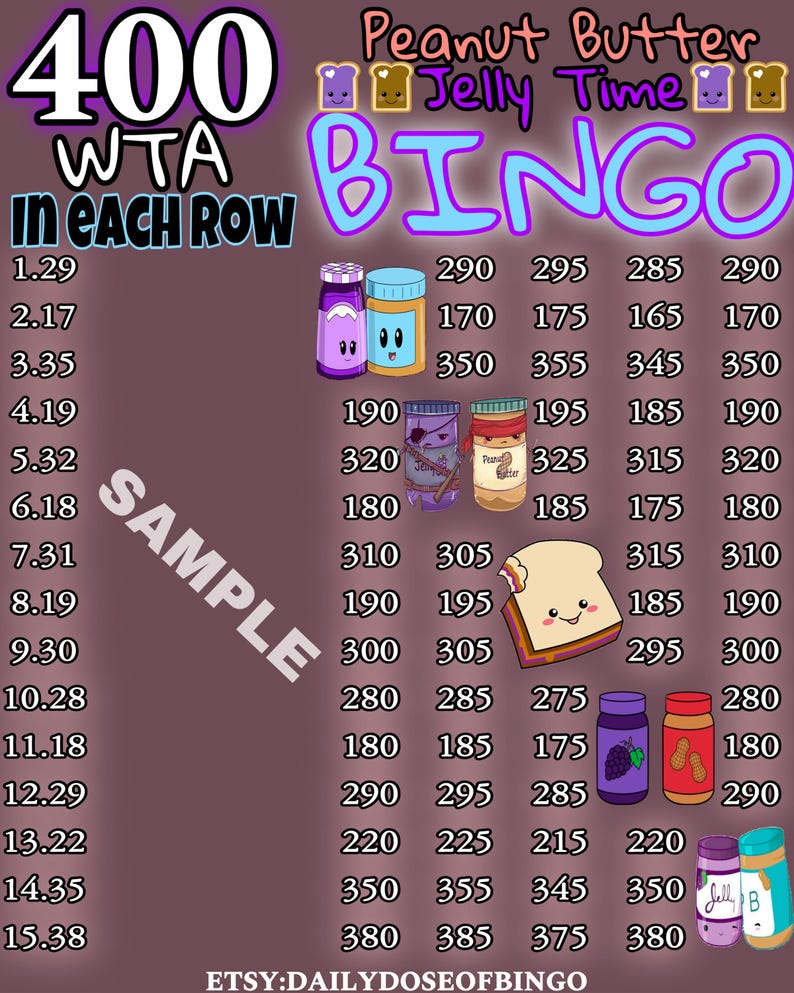 400 WTA Peanut Butter and Jelly Bingo Board - Etsy