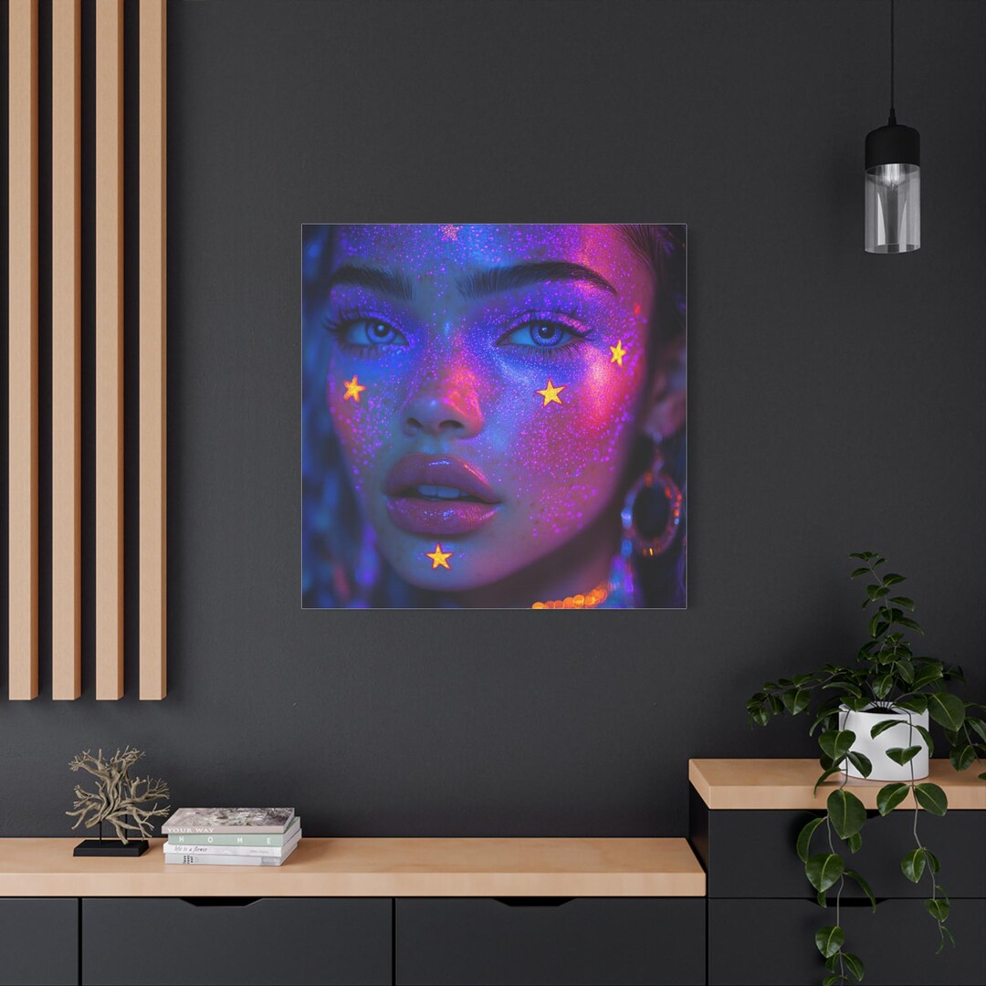 Glitter Star Freckle Portrait Matte Canvas | Neon Space Girl Wall Decor ...