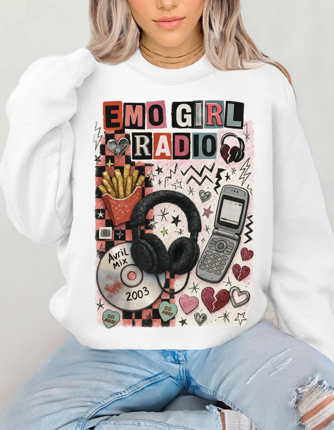 Emo Girl Radio Collage Crewneck Sweatshirt | Headphones, CD, Retro ...