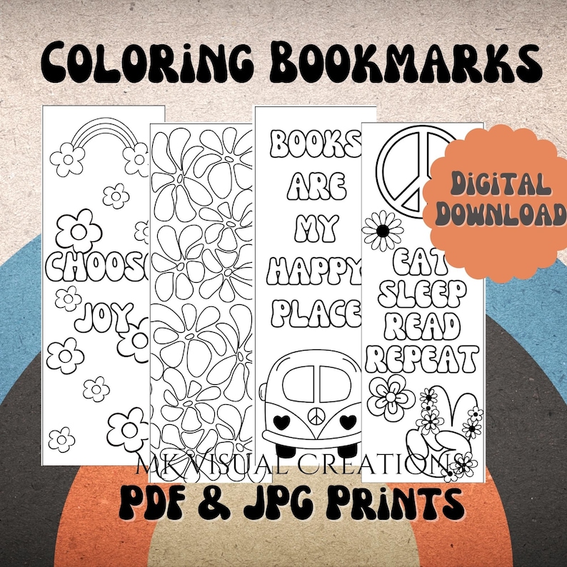 Retro Coloring Bookmarks, Set of 4 Printable DIY Bookmarks - Etsy
