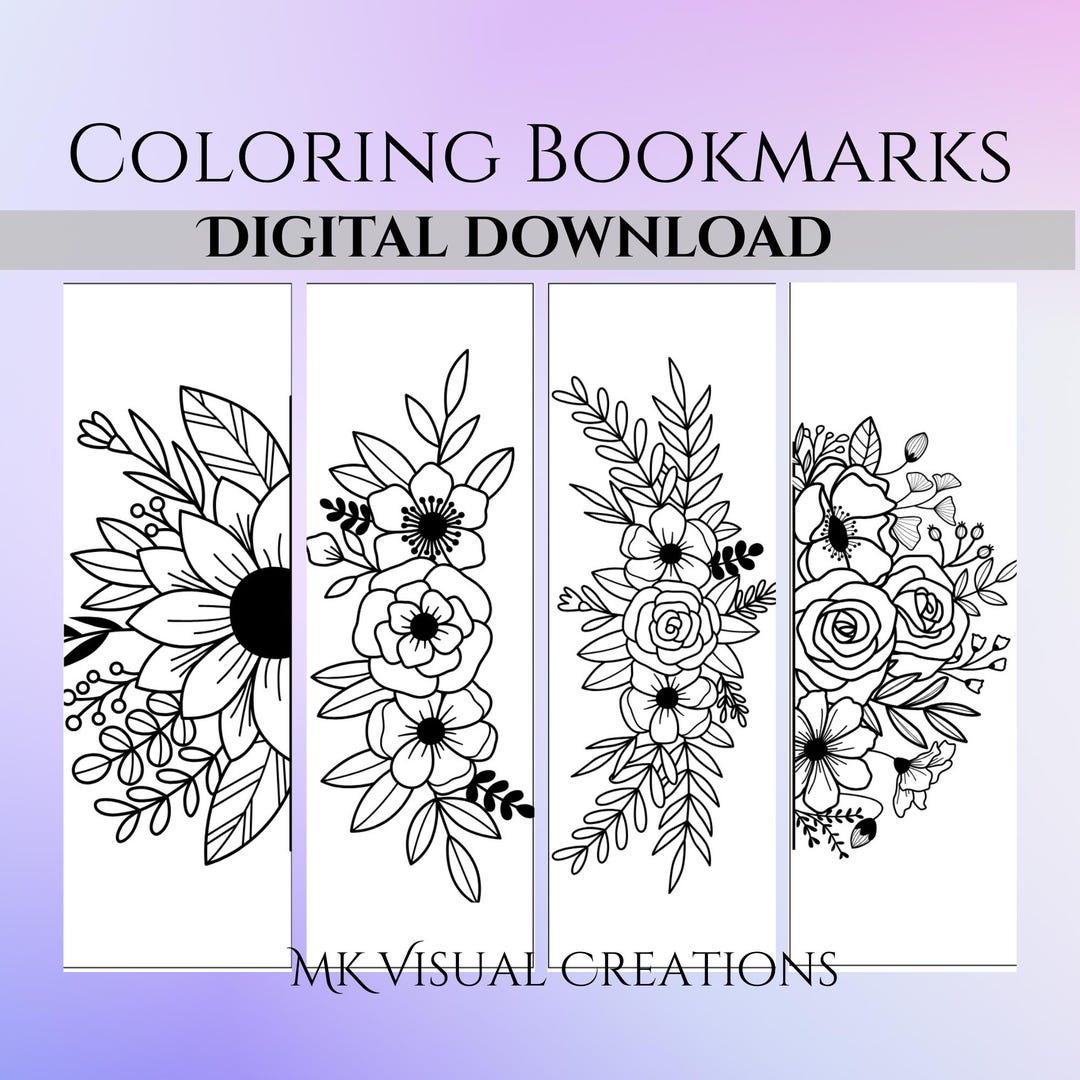 Flower Coloring Bookmarks, Set of 4 Printable Bookmarks- Digital ...