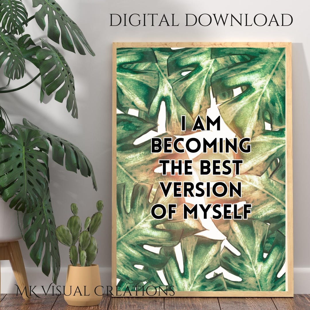 Motivational Wall Art With Tropical Leaves Best Version of Myself Quote ...
