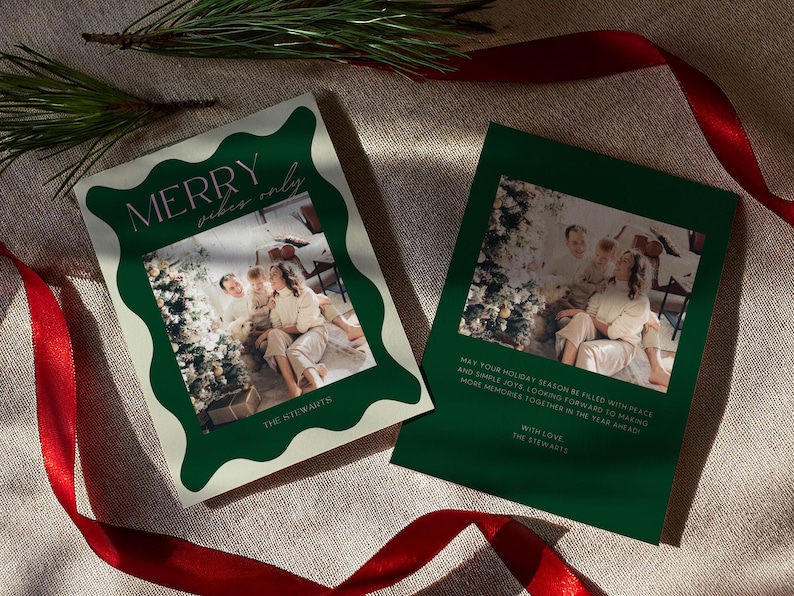 Retro Holiday Card Template With Photos Double-sided, Wavy Whimsical ...