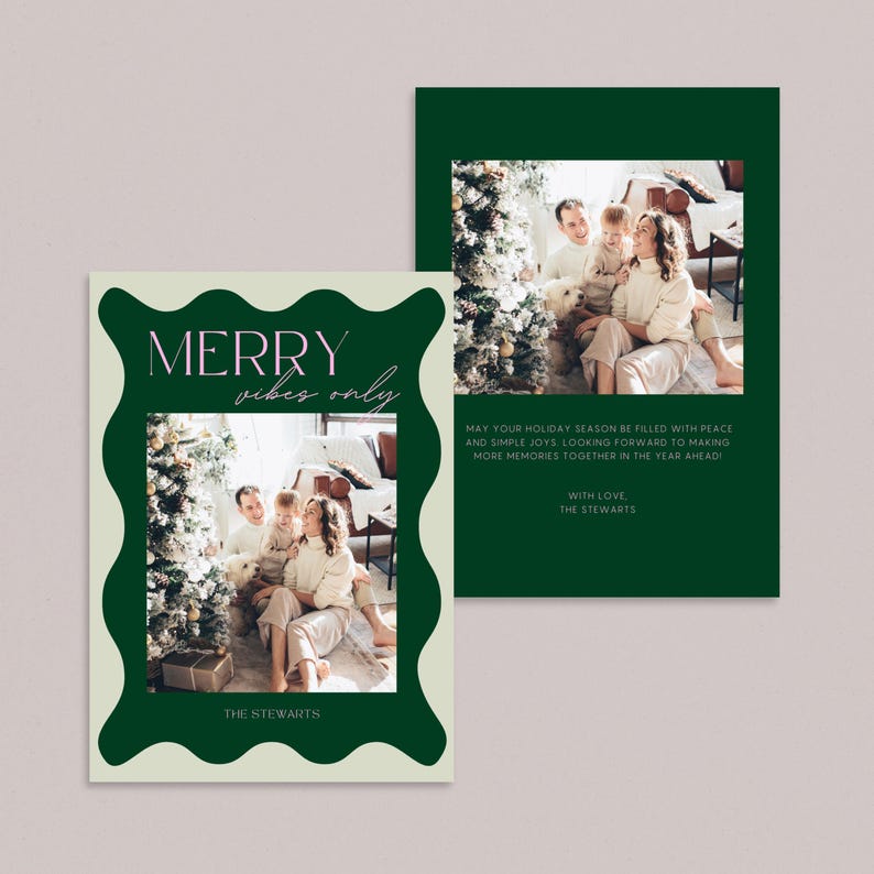 Retro Holiday Card Template With Photos Double-sided, Wavy Whimsical ...