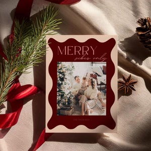 Retro Holiday Card Template With Photos Double-sided, Wavy Whimsical ...