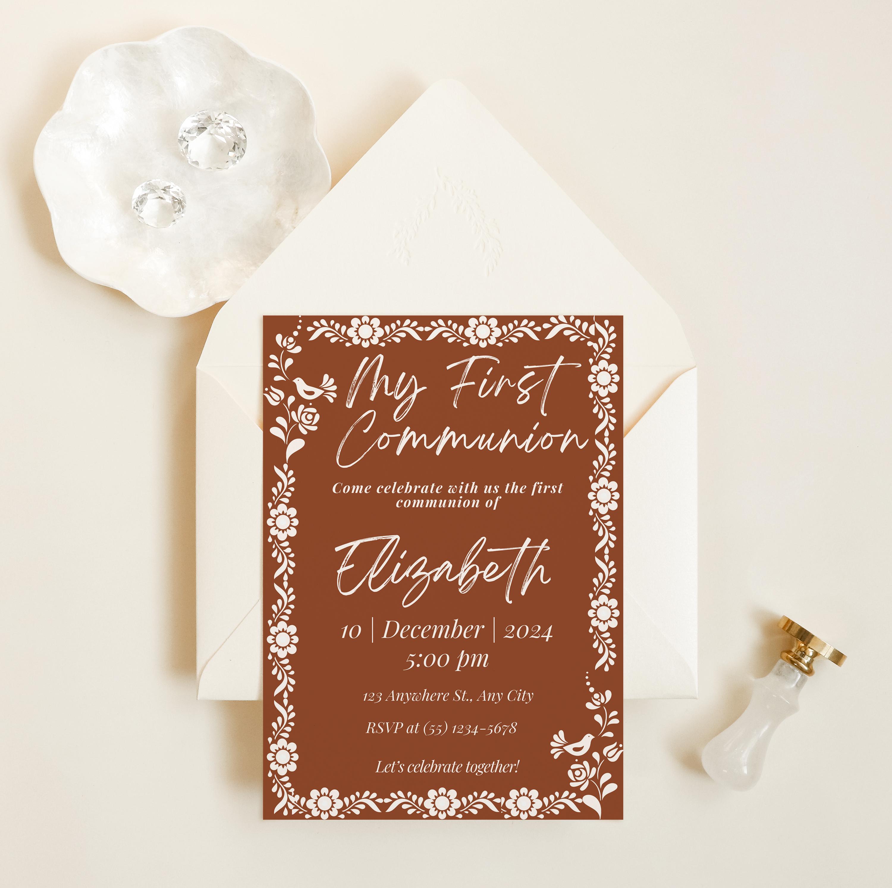 Cielito Lindo First Communion Invitation, My First Communion, Brown ...
