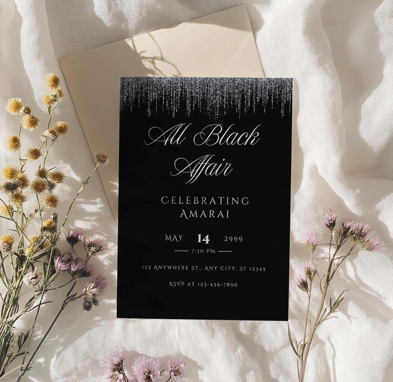 Black Invitation Birthday Template All Black Attire Invitation Template ...