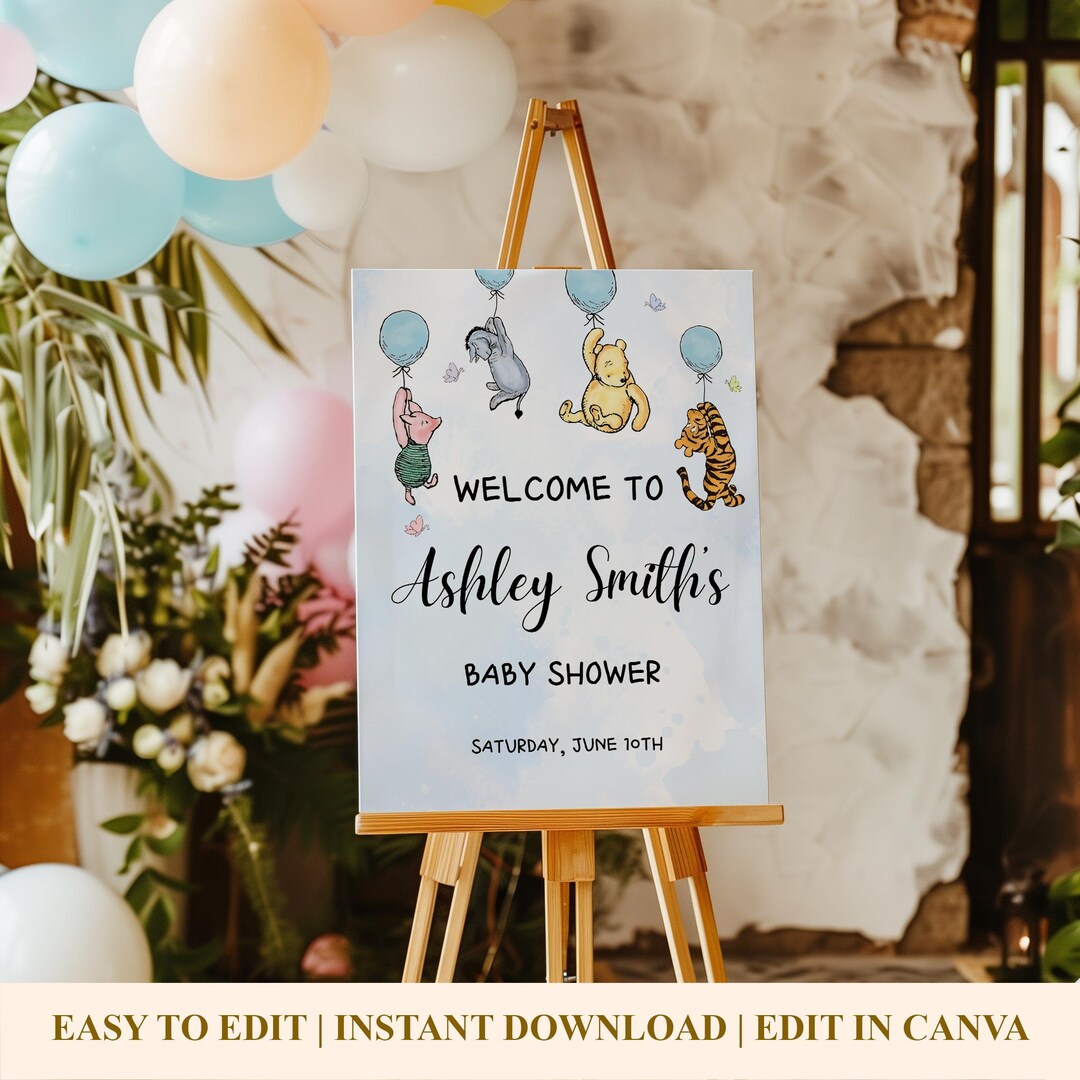 Winnie the Pooh Baby Shower Welcome Sign, Blue Balloons (digital ...