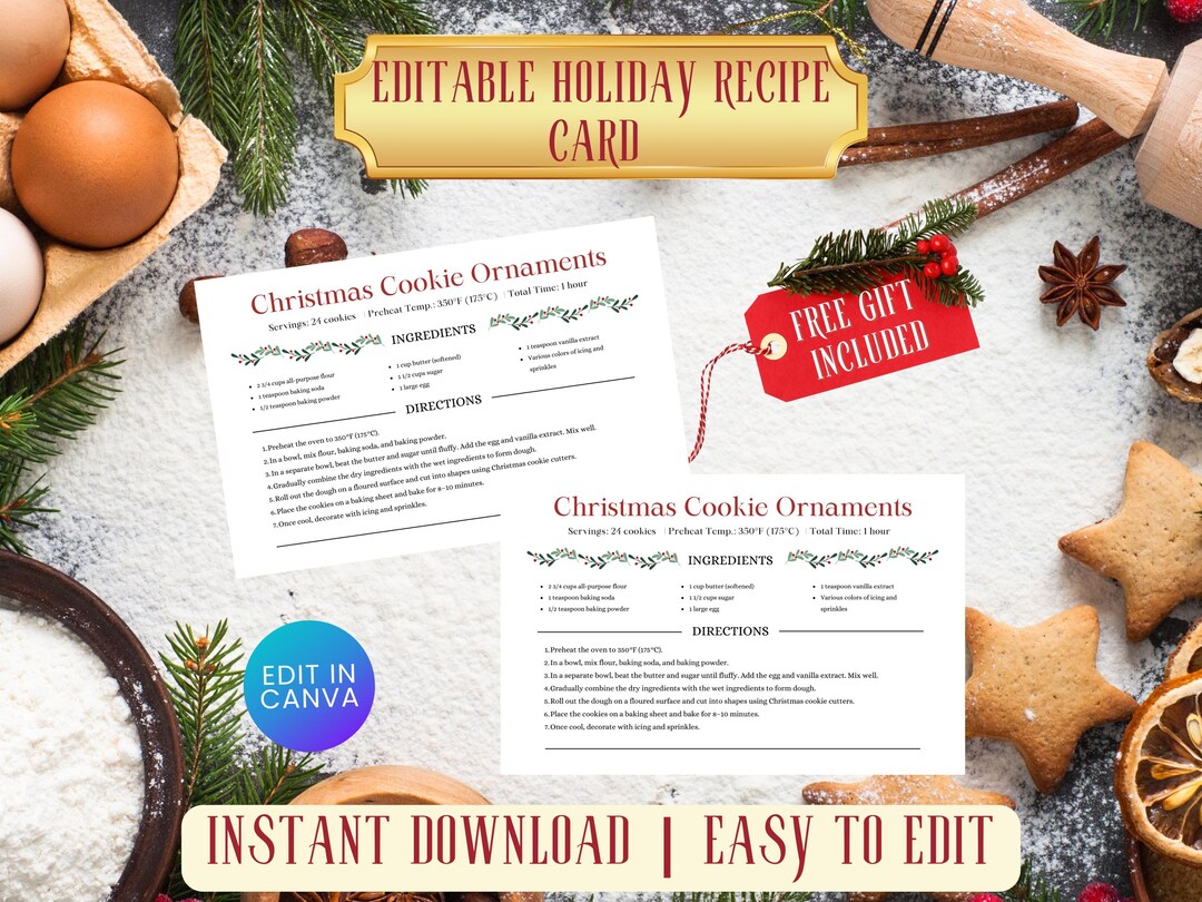 Editable Cookie Recipe Card Holiday Christmas Recipe Card Christmas ...