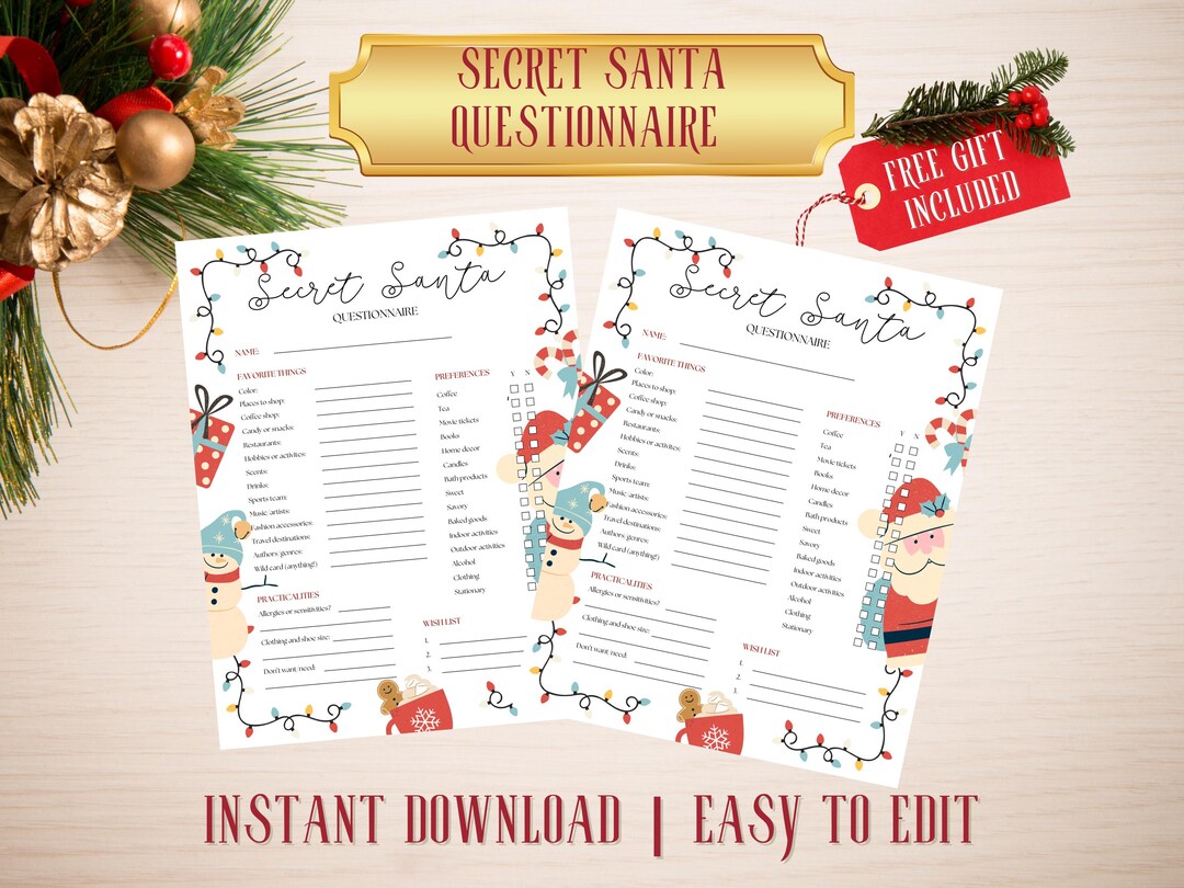 Secret Santa Questionnaire, Christmas Wish List, Christmas Printable ...