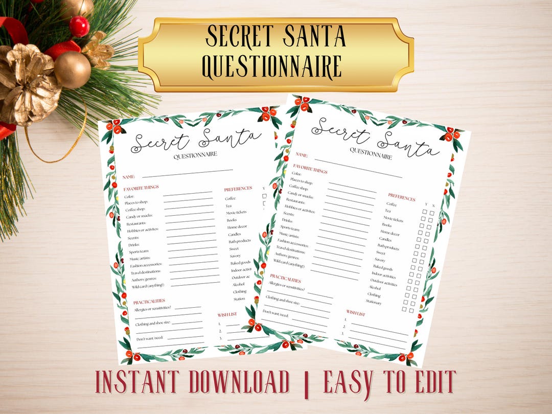 Secret Santa Questionnaire, Secret Santa List, Christmas Gift Exchange ...