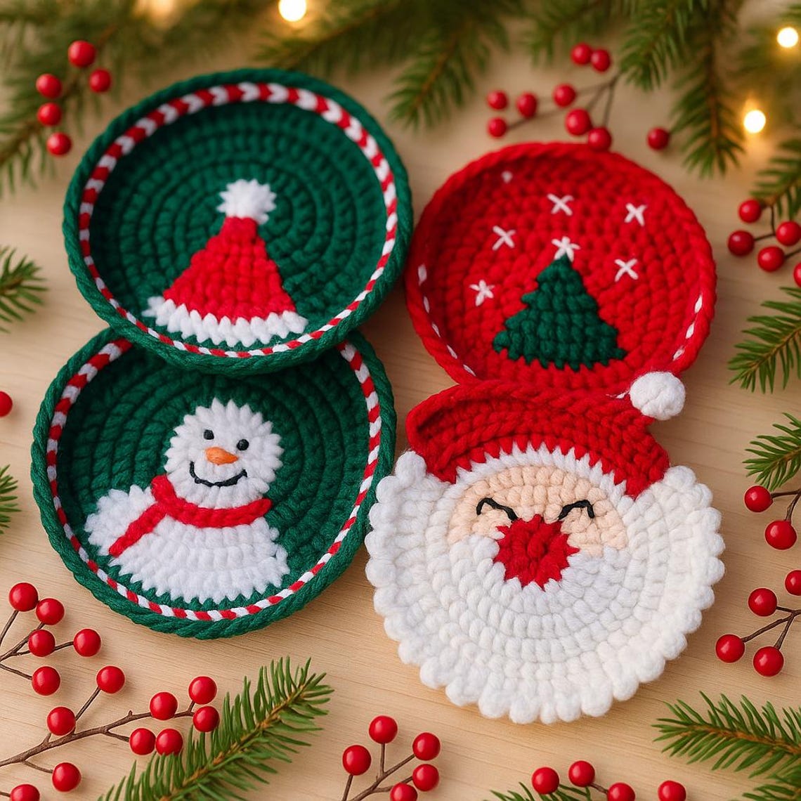 Crochet Christmas Coaster Pattern Bundle 4 in 1: Santa, Snowman, Tree ...