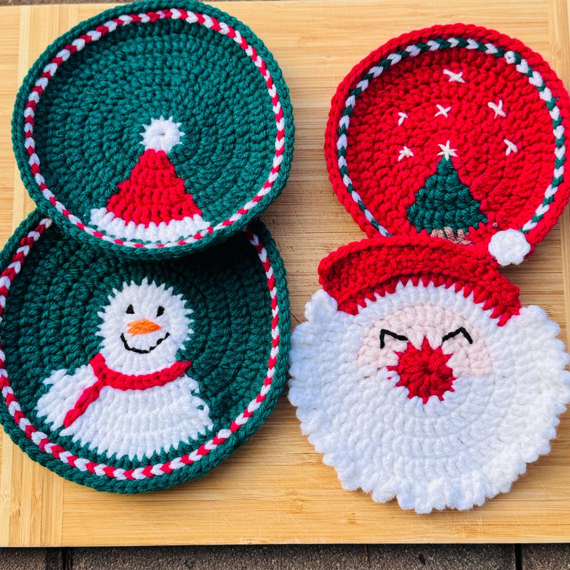 Crochet Christmas Coaster Pattern Bundle 4 in 1: Santa, Snowman, Tree ...