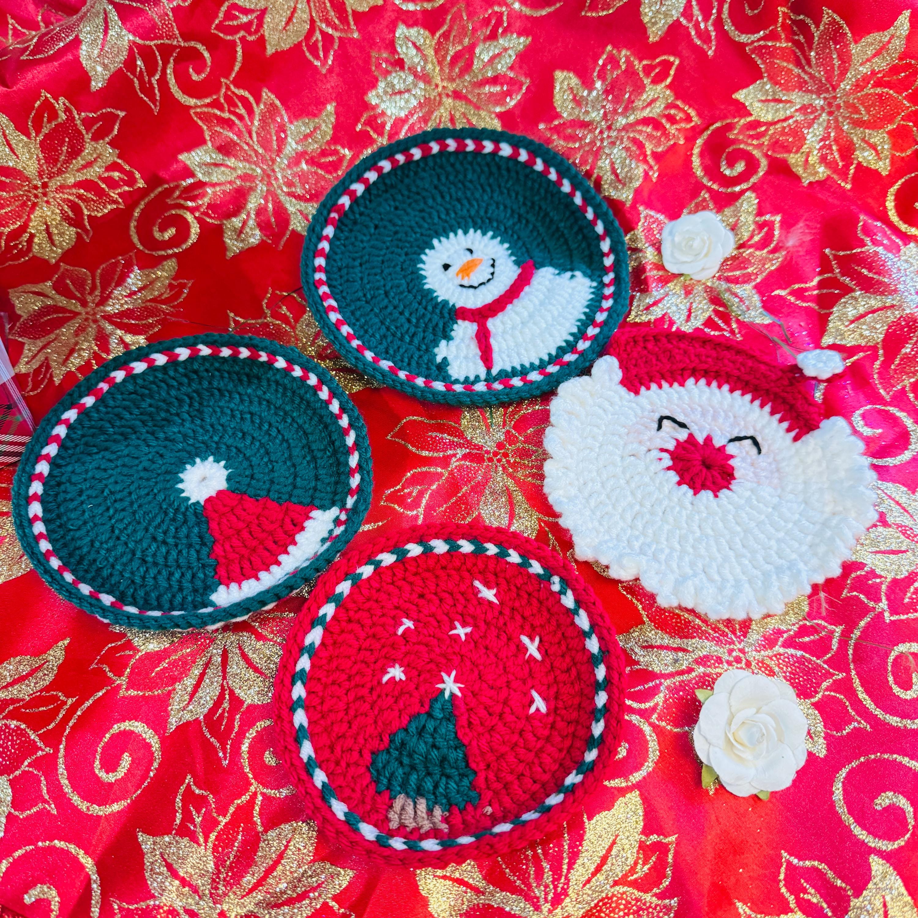 Crochet Christmas Coaster Pattern Bundle 4 in 1: Santa, Snowman, Tree ...