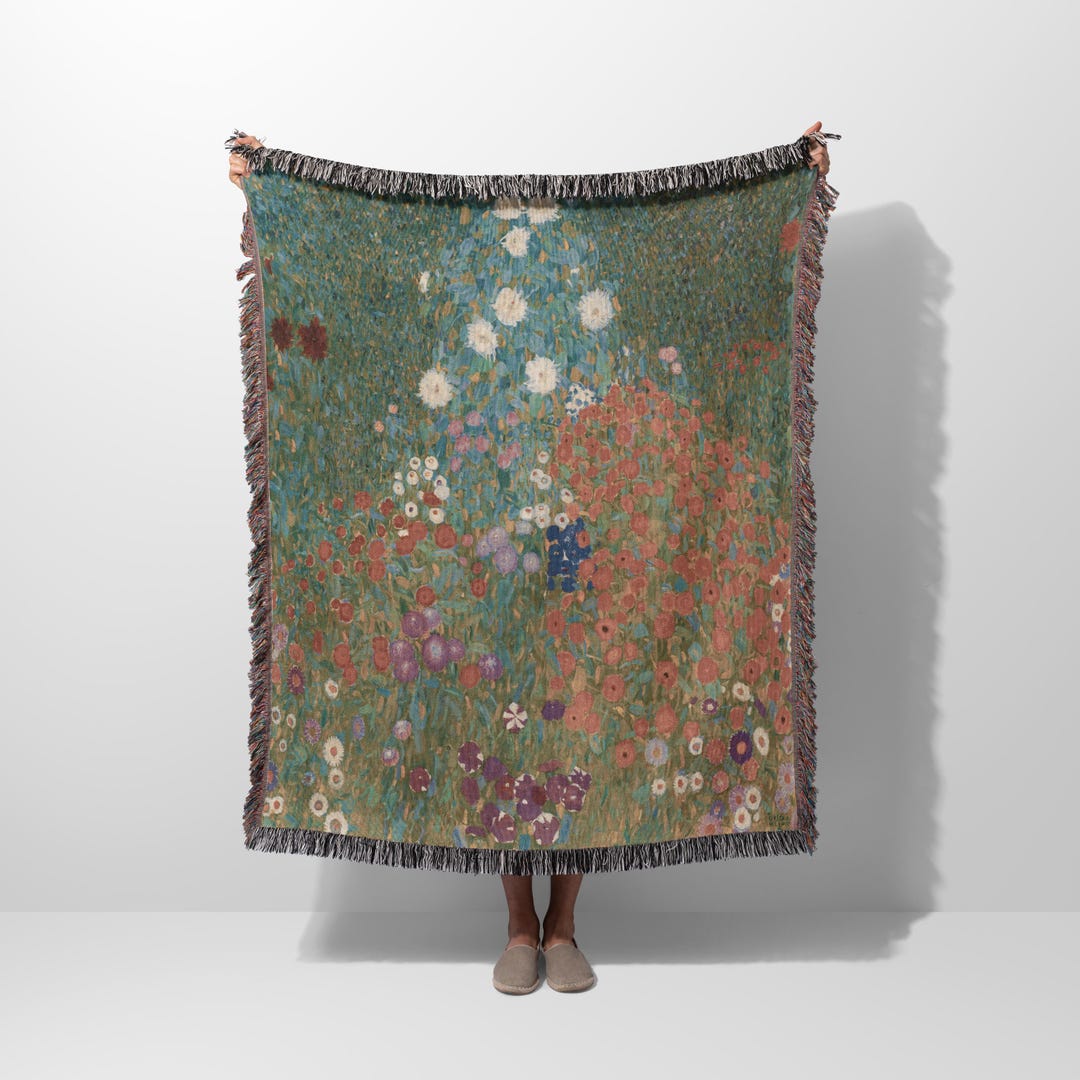 Gustav Klimt Flower Garden Woven Blanket, Floral Tapestry, Green Cotton ...