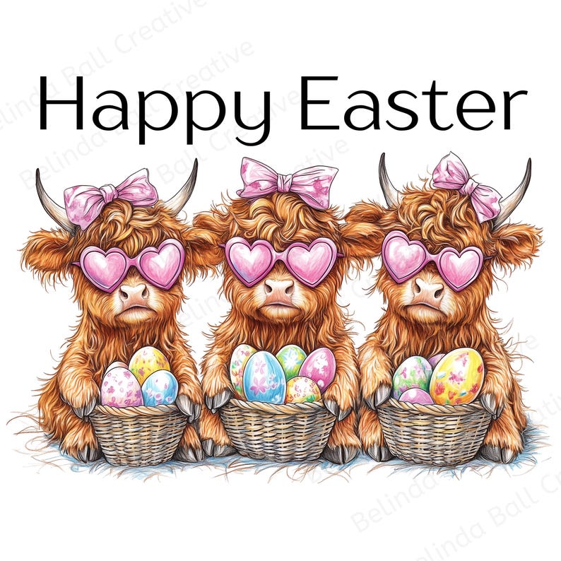 Printable Easter Highland Cows PNG, Cute Cows With Easter Baskets PNG ...