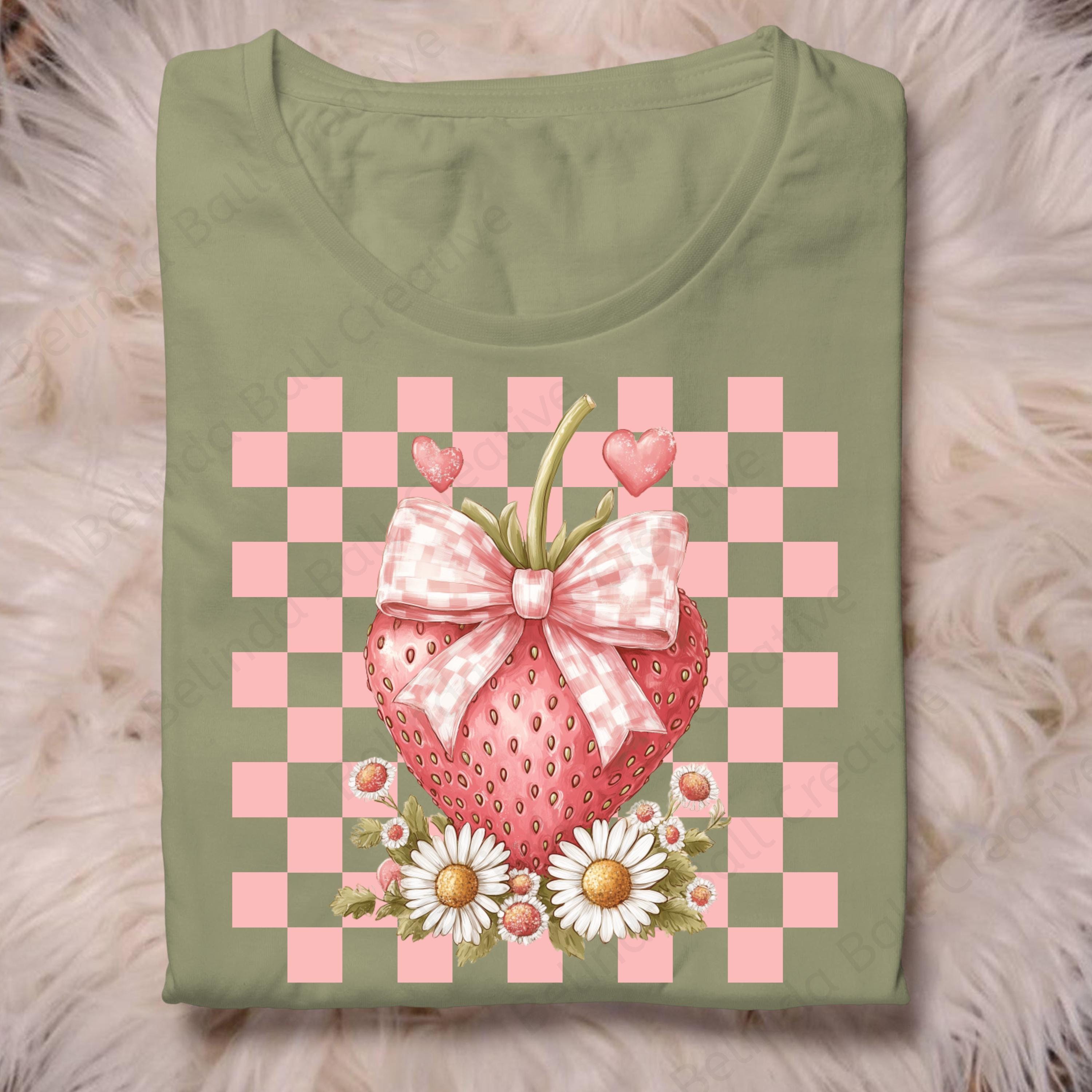 Printable Cute Pink Strawberry With Checkered Design and Bow PNG | Pink ...