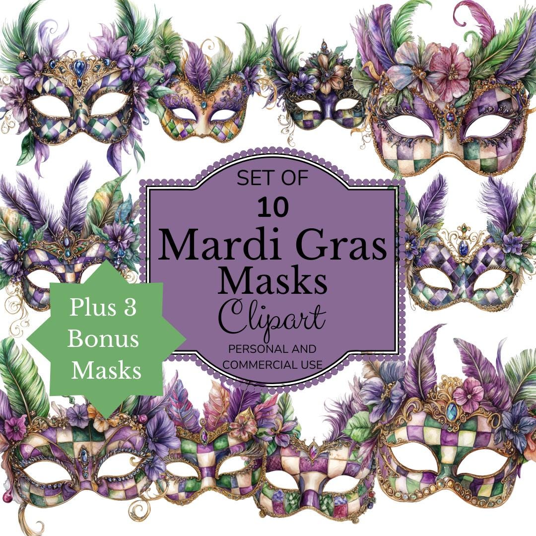 Mardi Gras Mask Clipart Set of 10, Purple and Green Checkered ...