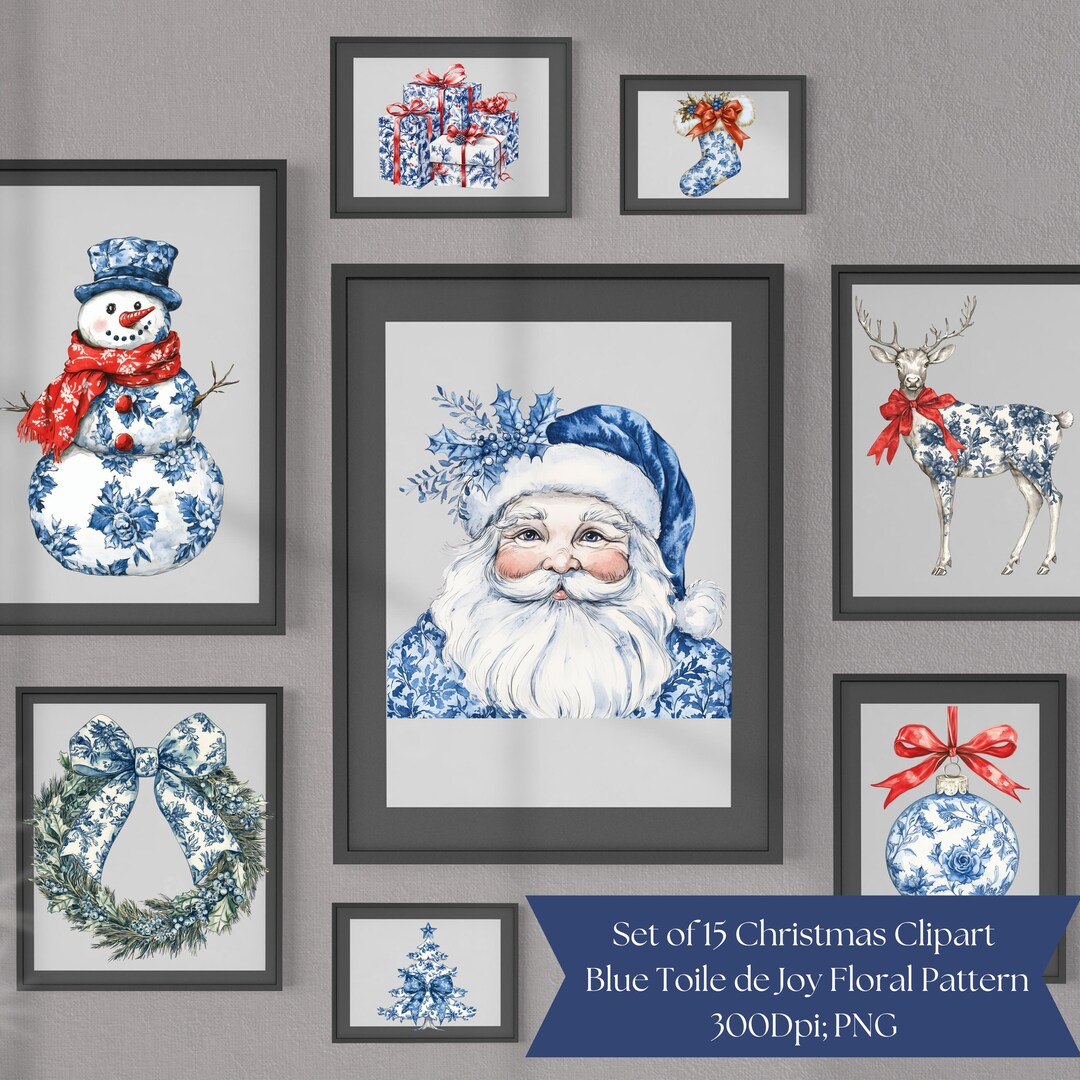 Printable Christmas Set of 15 Retro Watercolor Clipart, Blue Toile De ...