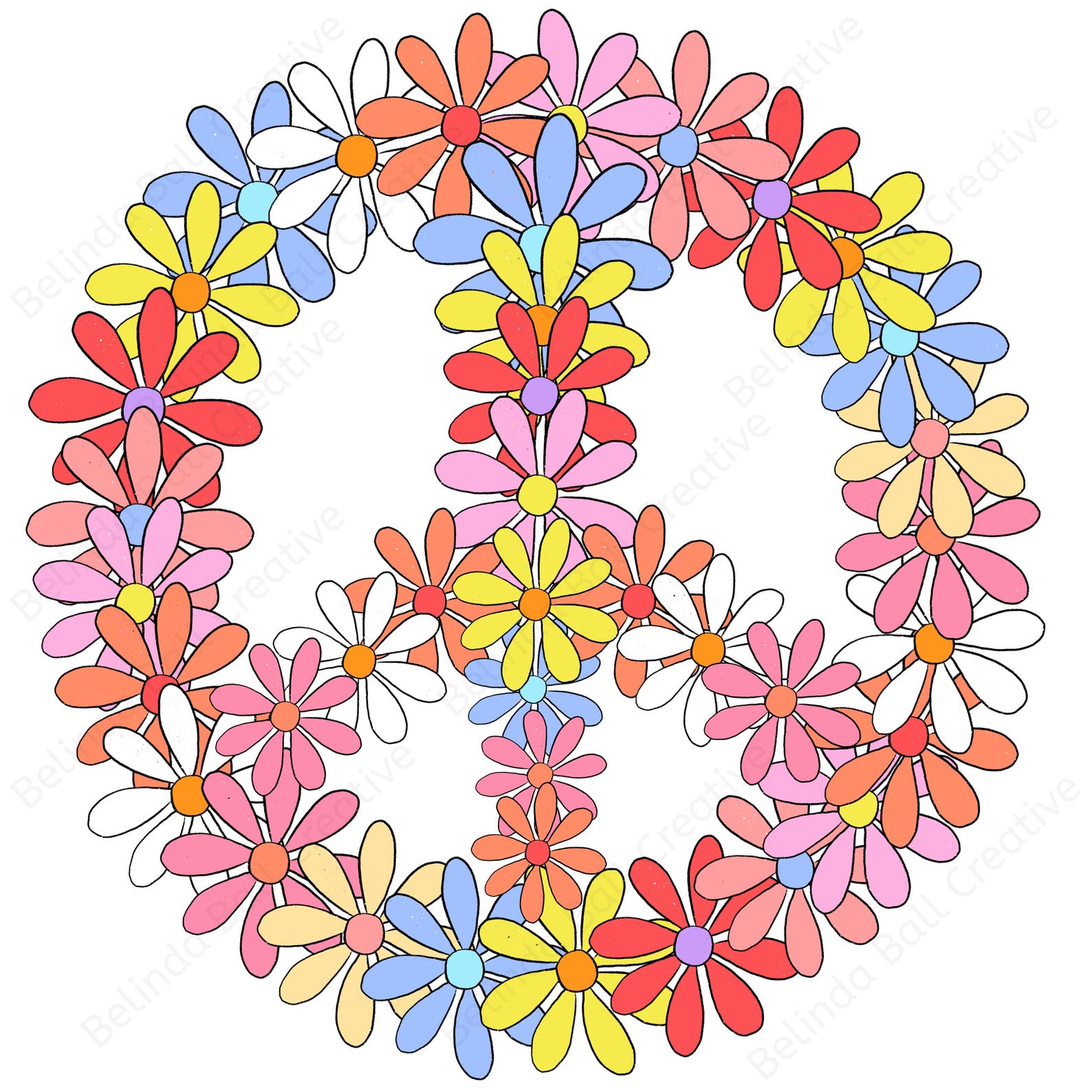 Printable Colorful Daisy Peace Sign PNG | Retro Boho Colorful Peace ...