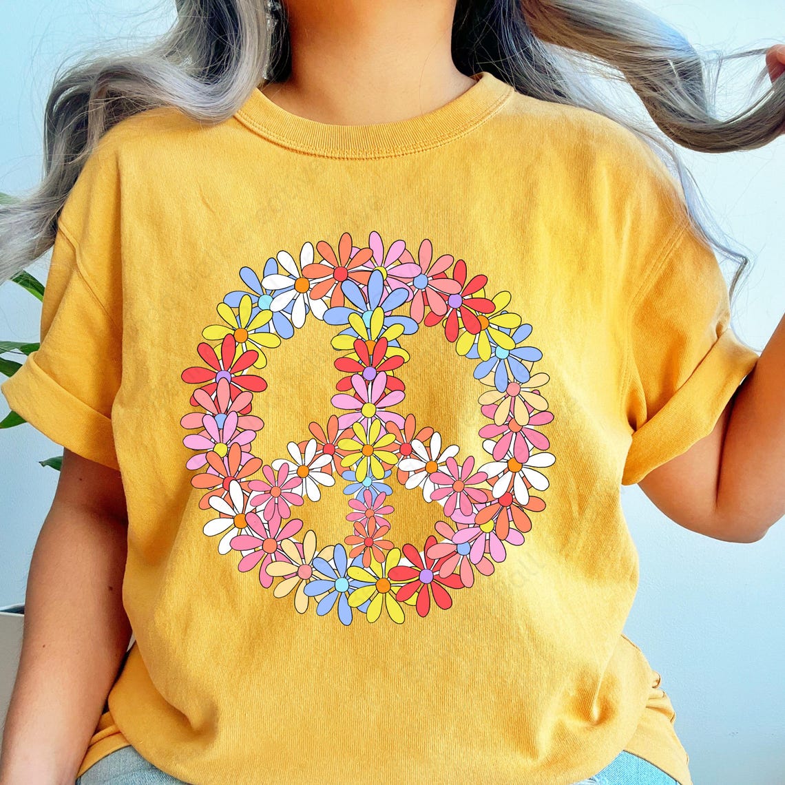 Printable Colorful Daisy Peace Sign PNG | Retro Boho Colorful Peace ...