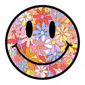 Printable Colorful Daisy Smiley Face PNG | Groovy Retro Happy Face ...