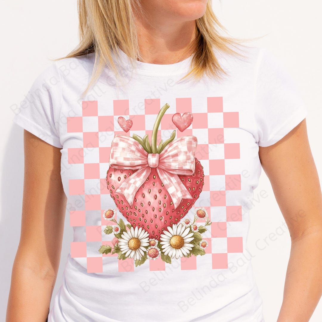 Printable Cute Pink Strawberry With Checkered Design and Bow PNG | Pink ...