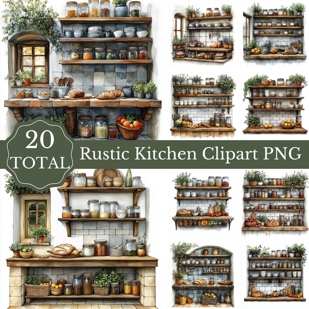 Printable Set of 20 Rustic Kitchen Clipart, Bundle Watercolor Rustic ...