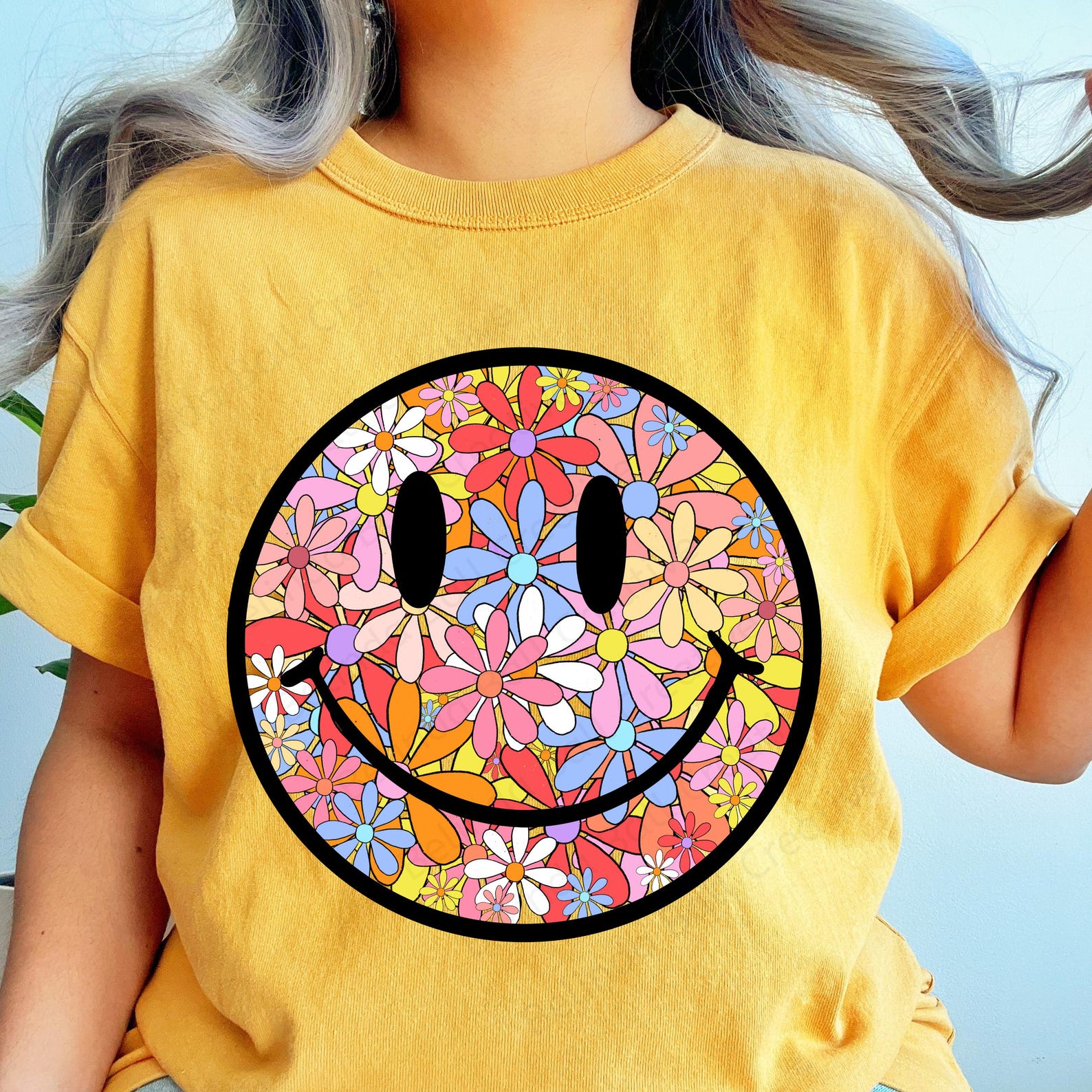 Printable Colorful Daisy Smiley Face PNG | Groovy Retro Happy Face ...